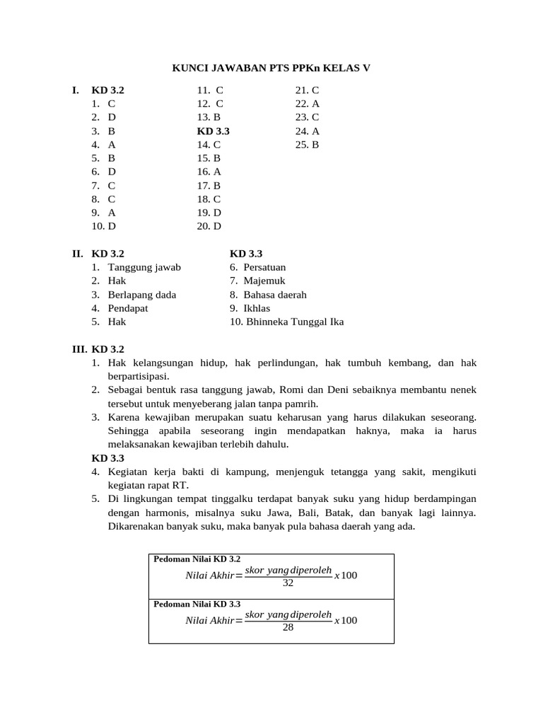 KUNCI JAWABAN PTS PPKN KELAS V | PDF