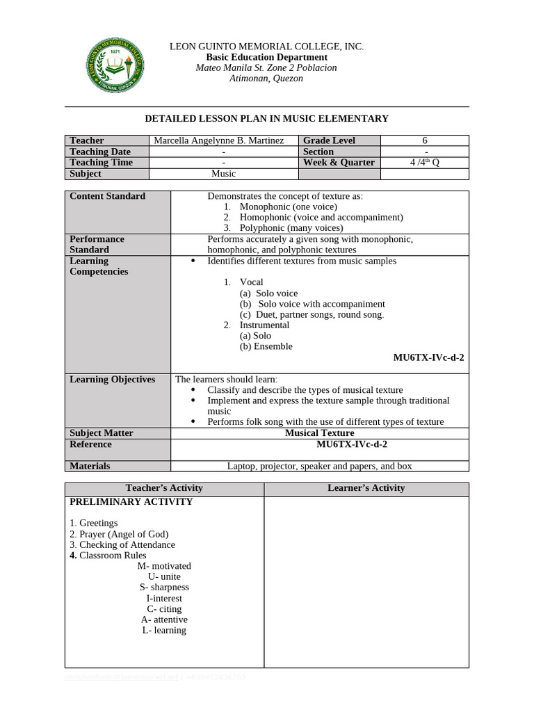 Grade 6 Music Texture Lesson Plan | PDF | Songs | Musical Compositions