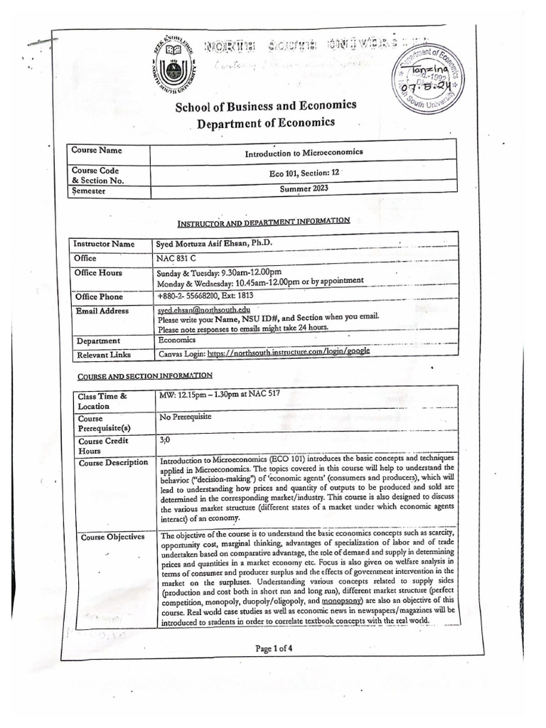 Eco101 - Course - Outline Bs Eco-Summer2023 | PDF