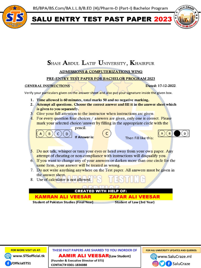 Salu 2023 - Entry Test Booklet With Key | PDF | Homo | Nuclear Physics