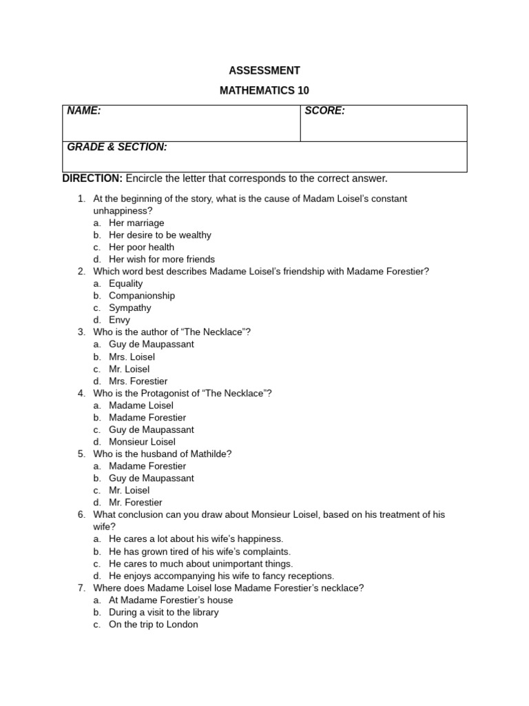 Math 10: "The Necklace" Quiz | PDF | Art | Mystery, Thriller & Crime ...