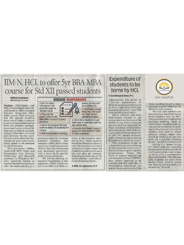 IIMN HCL To Offer 5 Yr BBA MBA COURSE FOR STD XII Passed Students | PDF