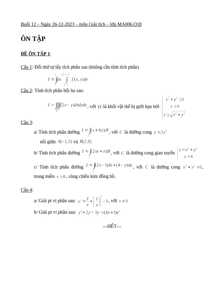 Buoi 12 - Ngay 26-12-2023 - Mon Giai Tich - Lop MA006.O18 | PDF