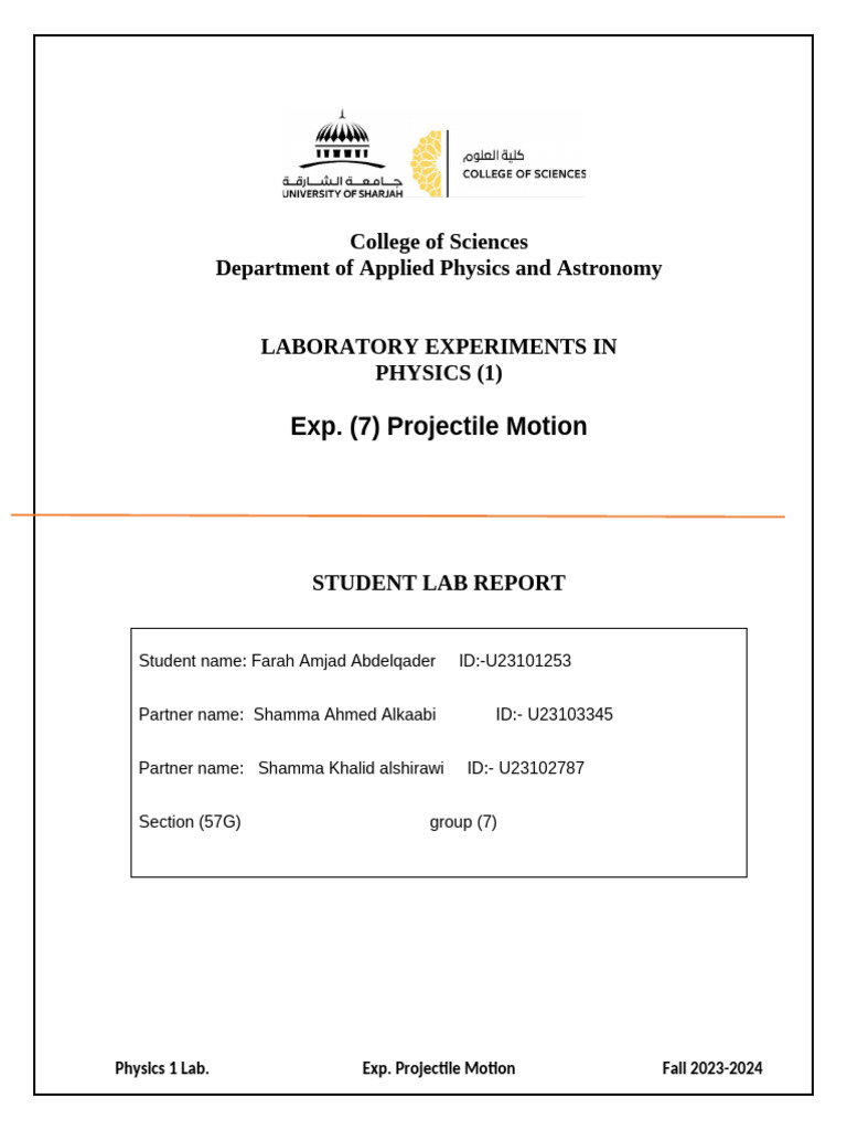 Exp (7) - Projectile Motion (Lab. Report) | PDF | Projectiles | Physics