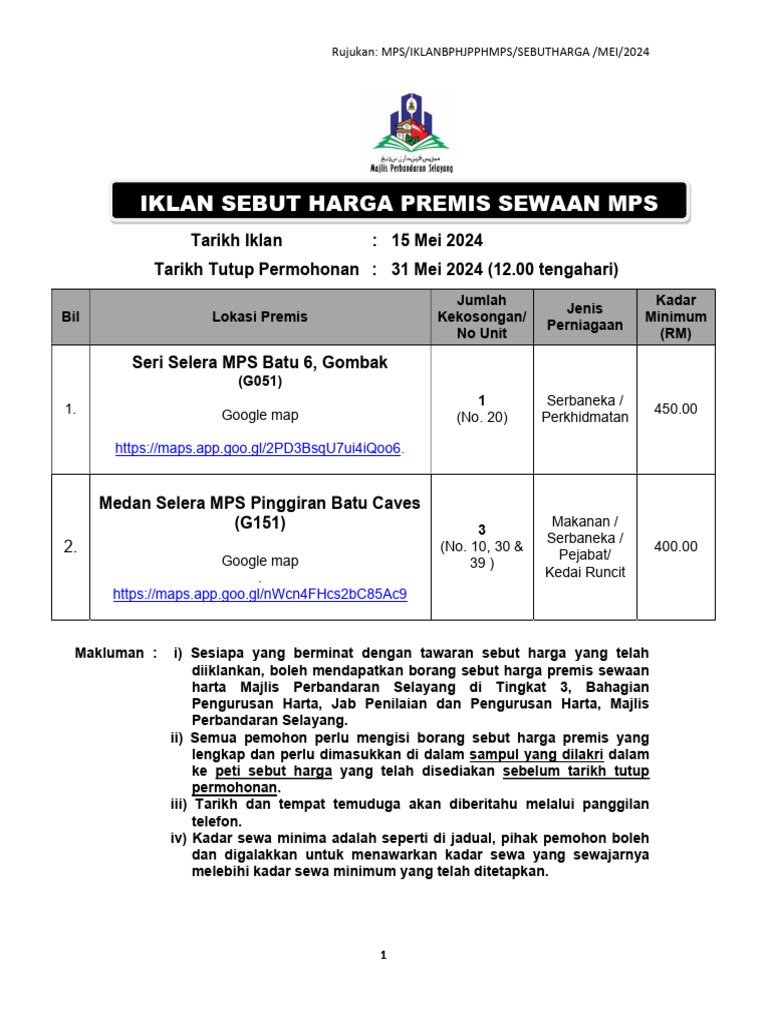 Iklan Sebutharga Premis Mps Bulan 5 2024 | PDF