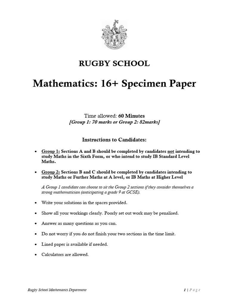 Rugby School 16+ Maths Specimen Paper | PDF | Mathematics | Equations