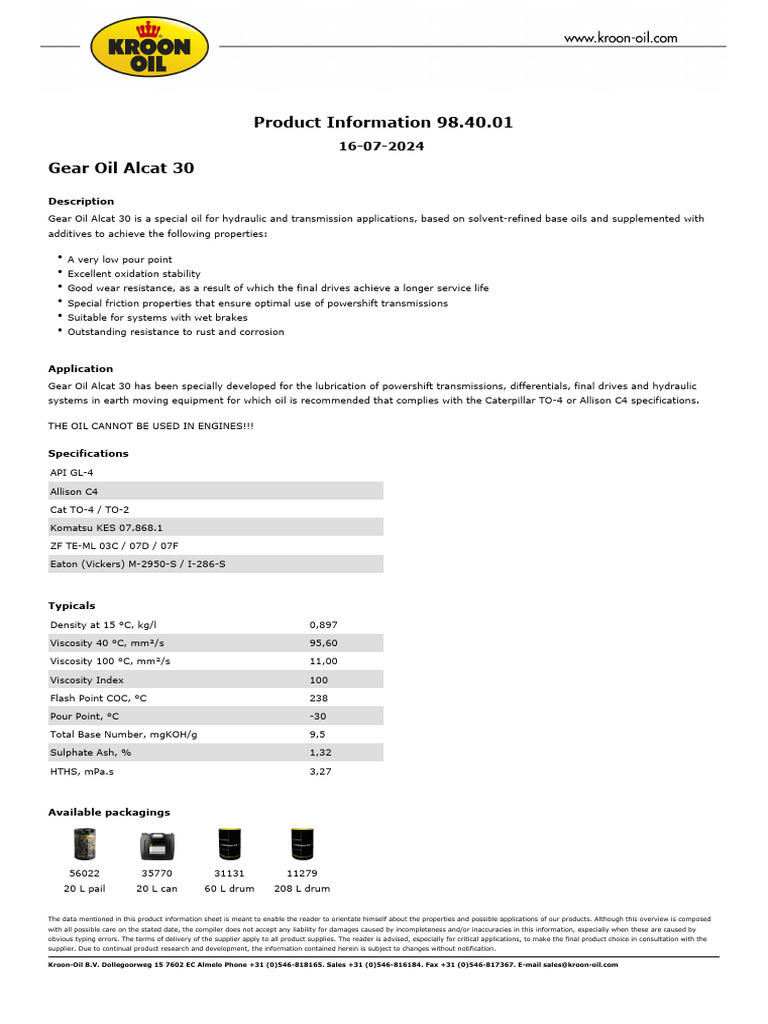 PI 984001 Gear Oil Alcat 30 EN | PDF | Mechanical Engineering