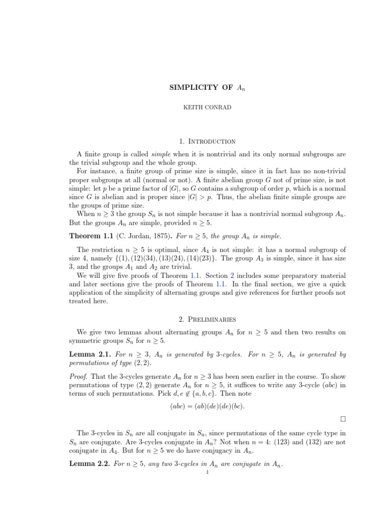 Simplicity of Alternating Groups | PDF | Index Of A Subgroup | Group ...