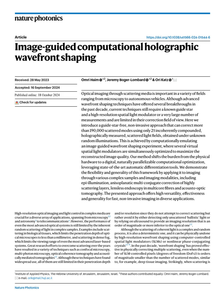 Image-Guided Computational Holographic Wavefront Shaping: Nature Photonics | PDF | Holography ...