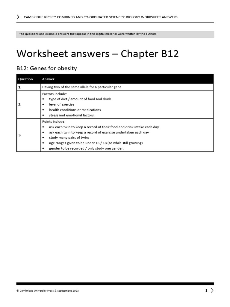 Igcse Ccsbio 2ed TR Ws Answers 12 | PDF | Wellness