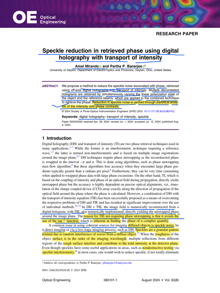 Partha Banerjee - Opt Eng - 63 - 2024 - 083101 | PDF | Holography ...