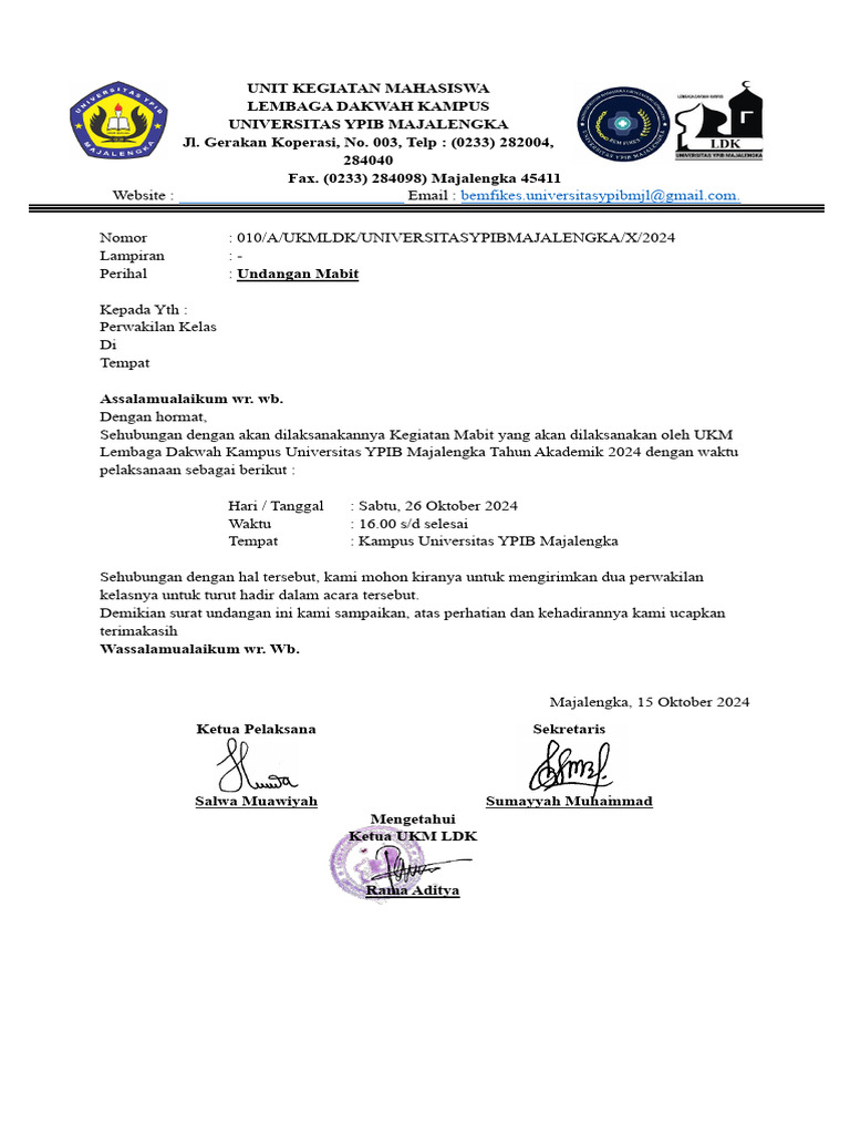 Undangan Kegiatan Mabit UKM LDK YPIB | PDF