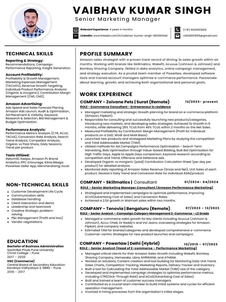 Vaibhav Kumar Singh - Resume (Sept 2024) | PDF | E Commerce | Marketing