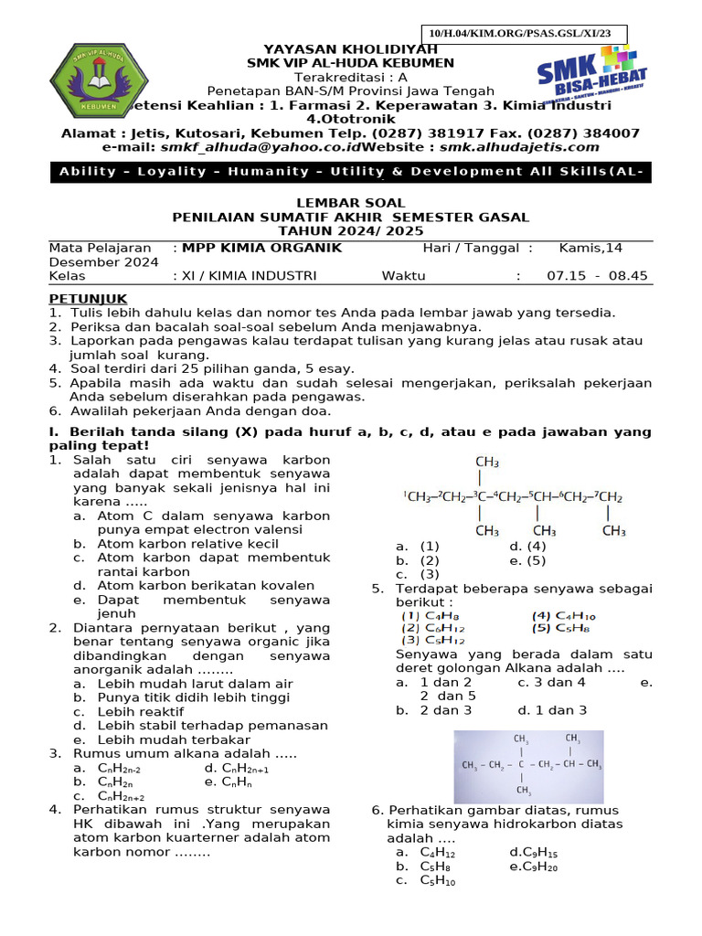 Soal Psas MPP Kimia Organik Xi GSL 2023 | PDF