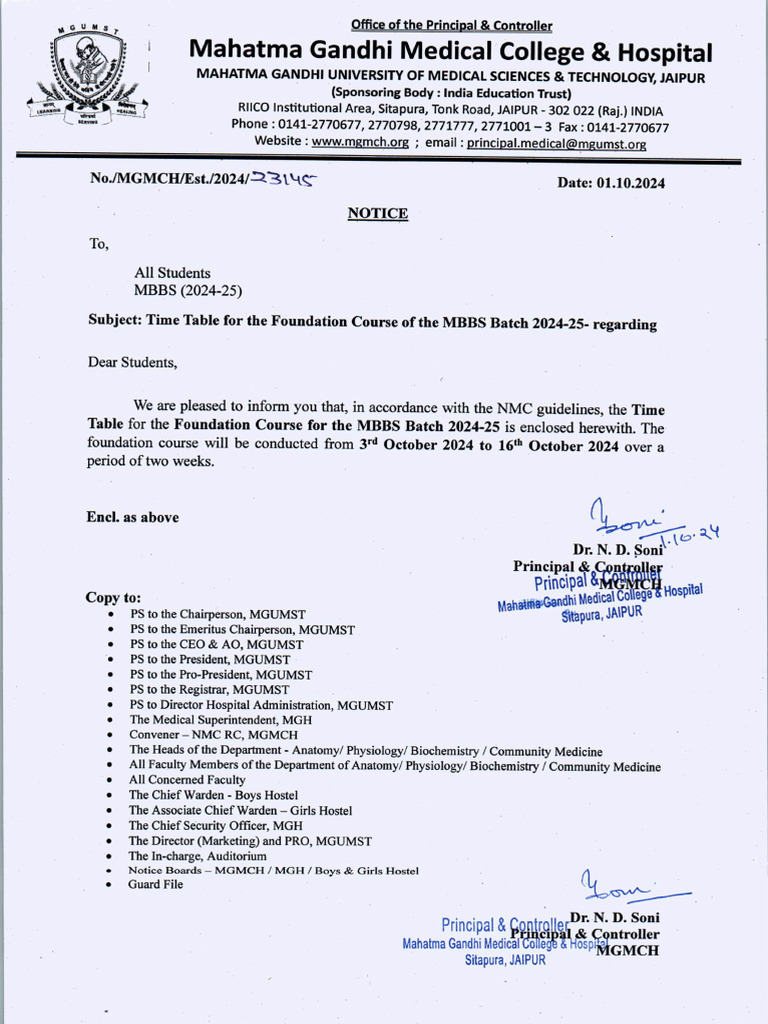 Time Table For The Foundation Course of The MBBS 2024-25 Batch | PDF