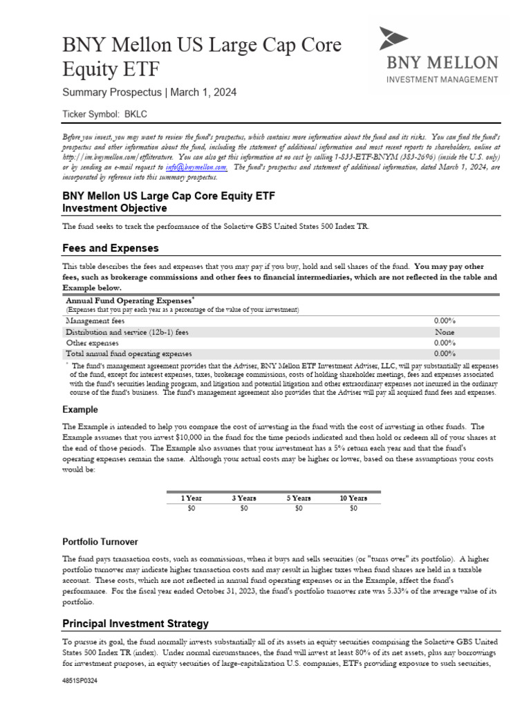 Summary Prospectus-BKLC | PDF | Investment Fund | Stock Market Index