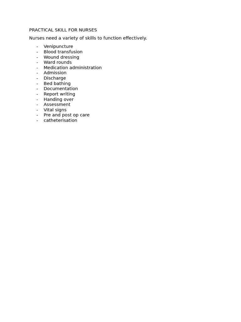 Practical Skills For Nurses | PDF