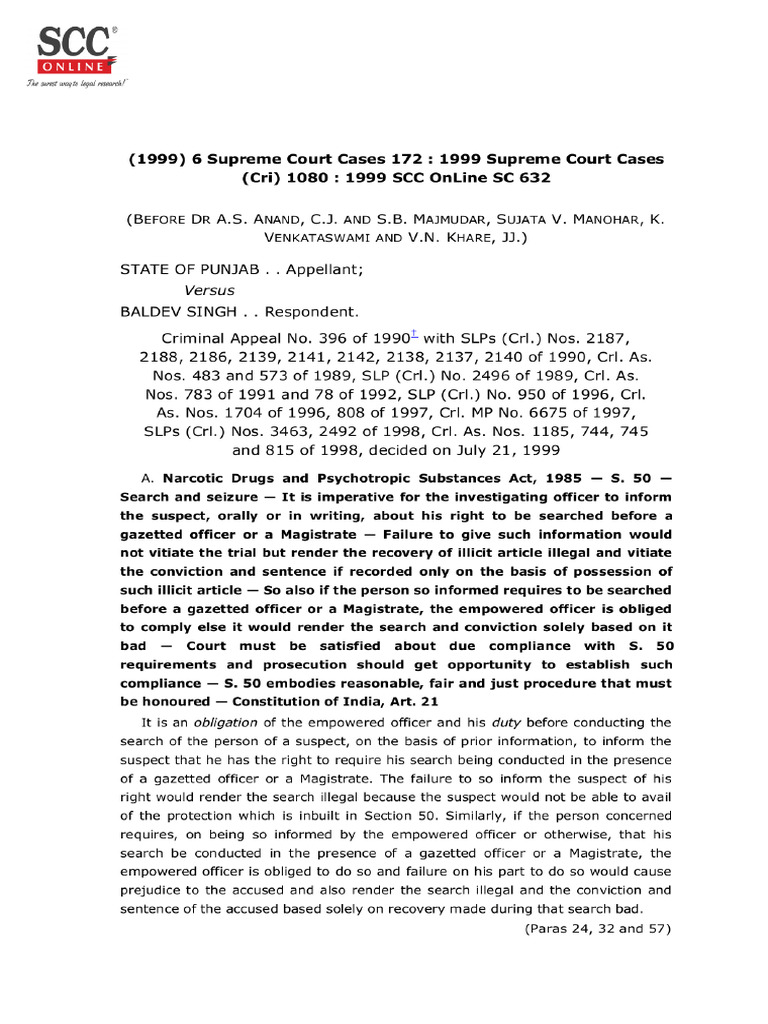 Punjab v. Baldev Singh Case Summary | PDF | Supreme Courts | Government Institutions