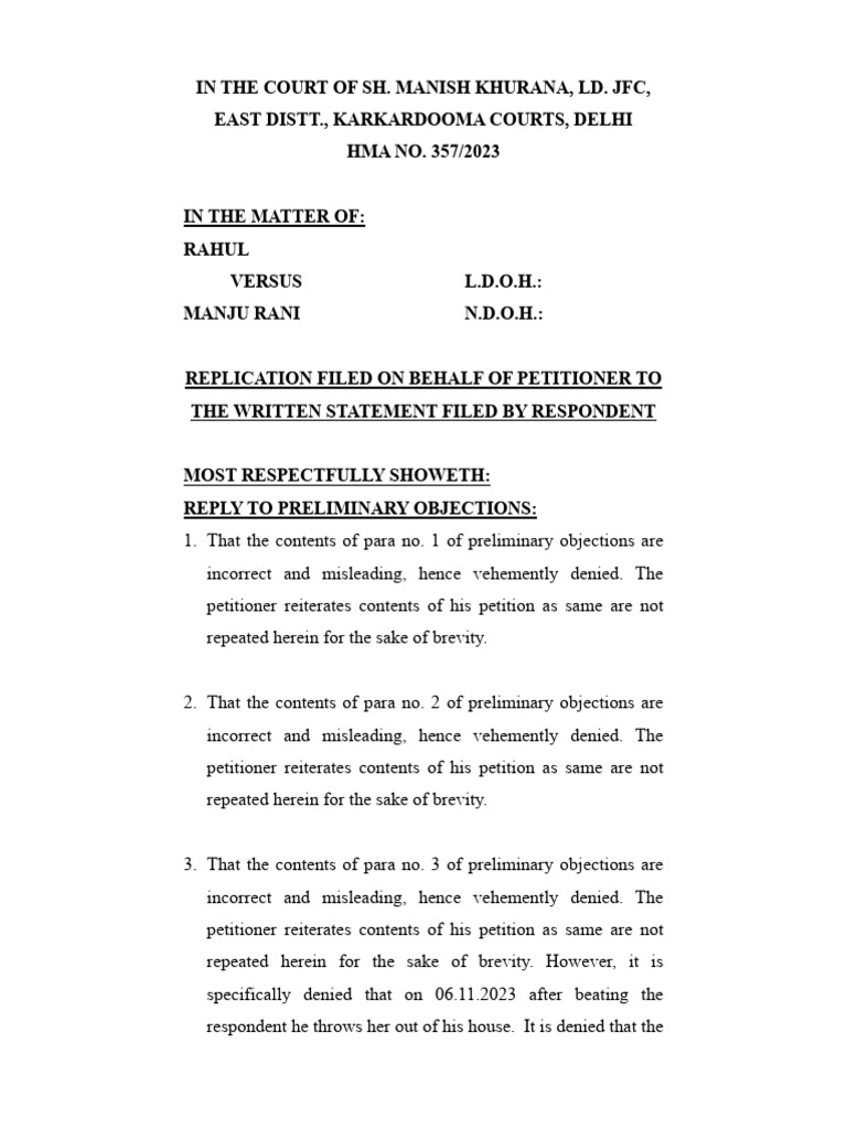 Rahul vs Manju Rani HMA Replication KKD | PDF | Affidavit | Legal Procedure