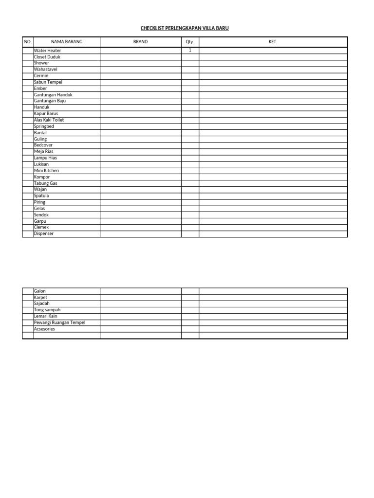Checklist Perlengkapan Villa Baru | PDF