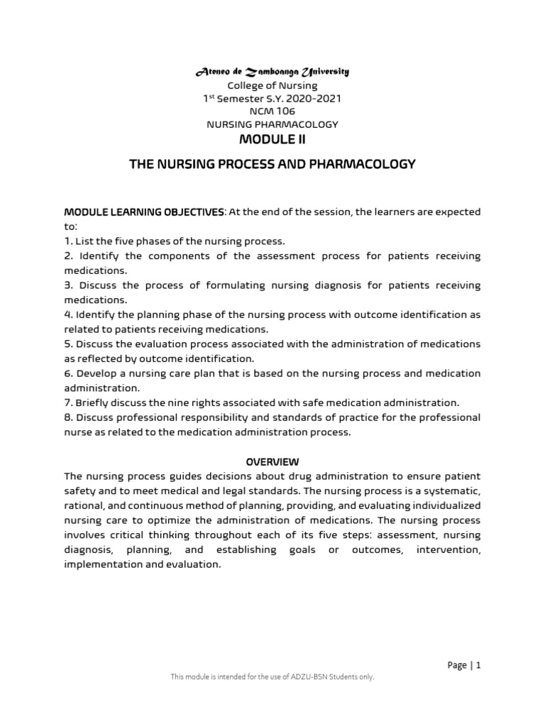 Ncm106j Module 2 The Nursing Process And Pharmacologypdf Pdf