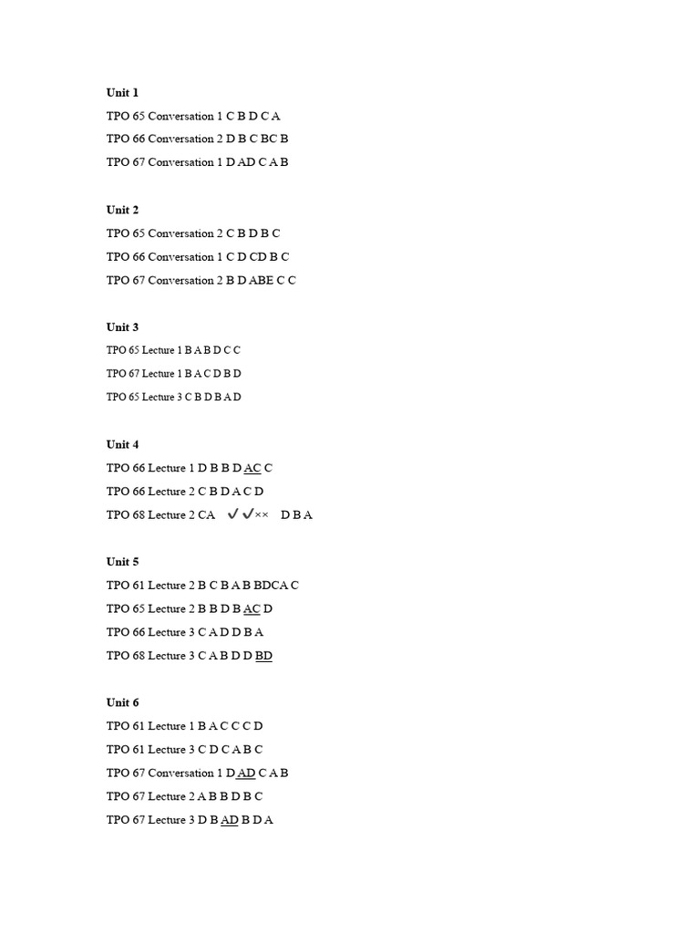 TOEFL TPO Answer Key Units 1-10 | PDF