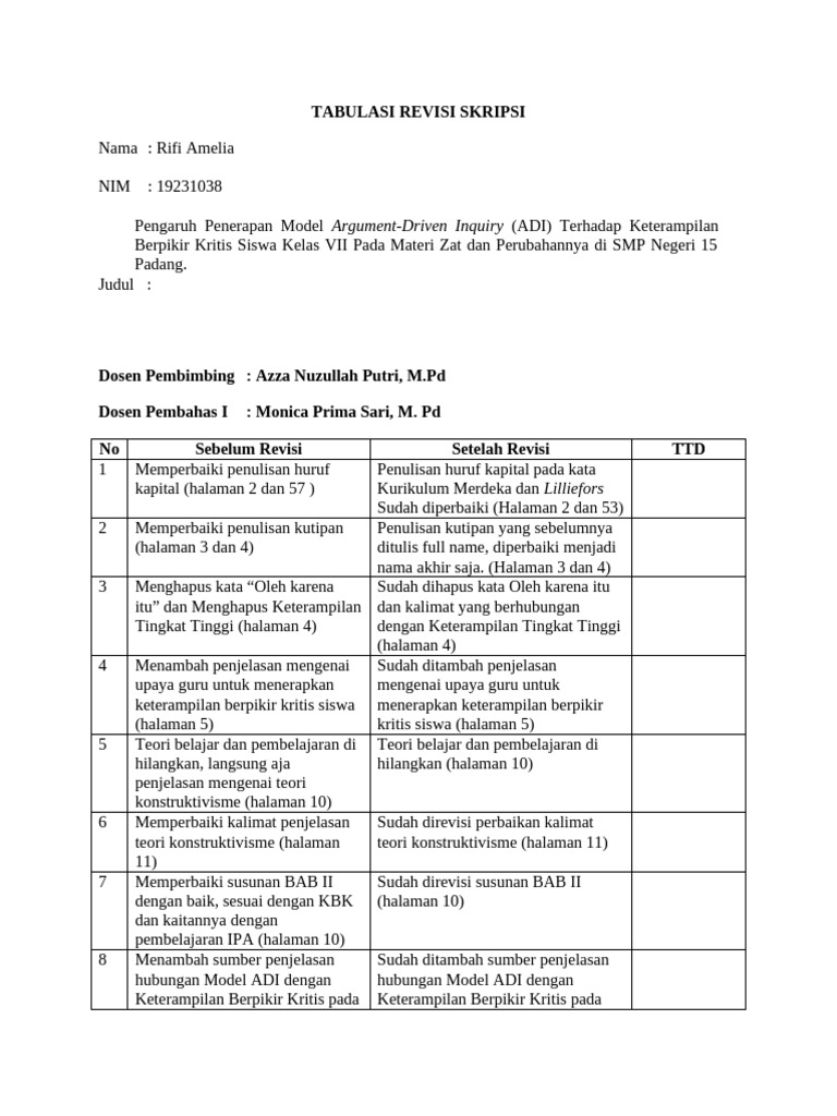 Tabulasi Revisi Skripsi Rifi | PDF