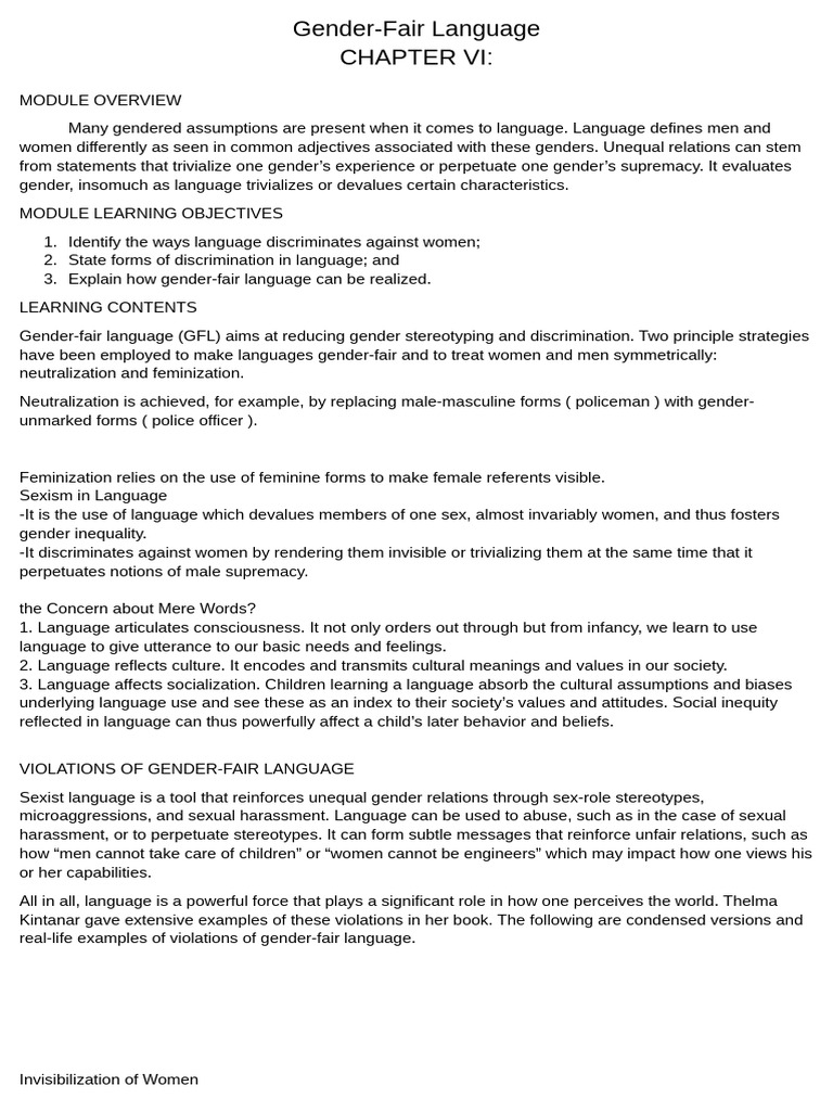 Gender and Society_Chapter 6_Gender Fair Language | PDF | Gender Role | Sexism