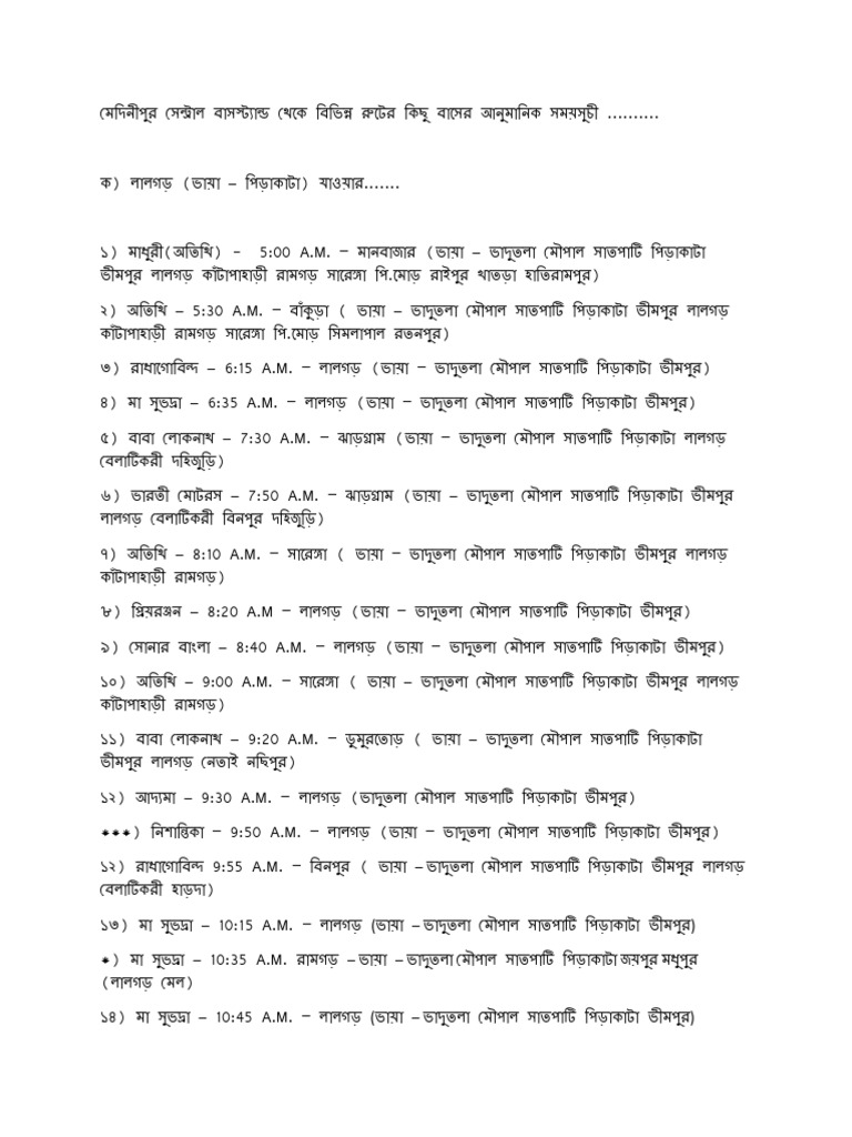 Medinipur To Ghatal Bus List | PDF