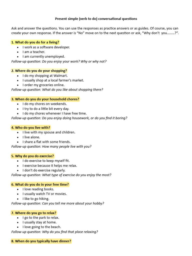 Present Simple Verb To Do Conversational Questions | PDF | Social Media ...