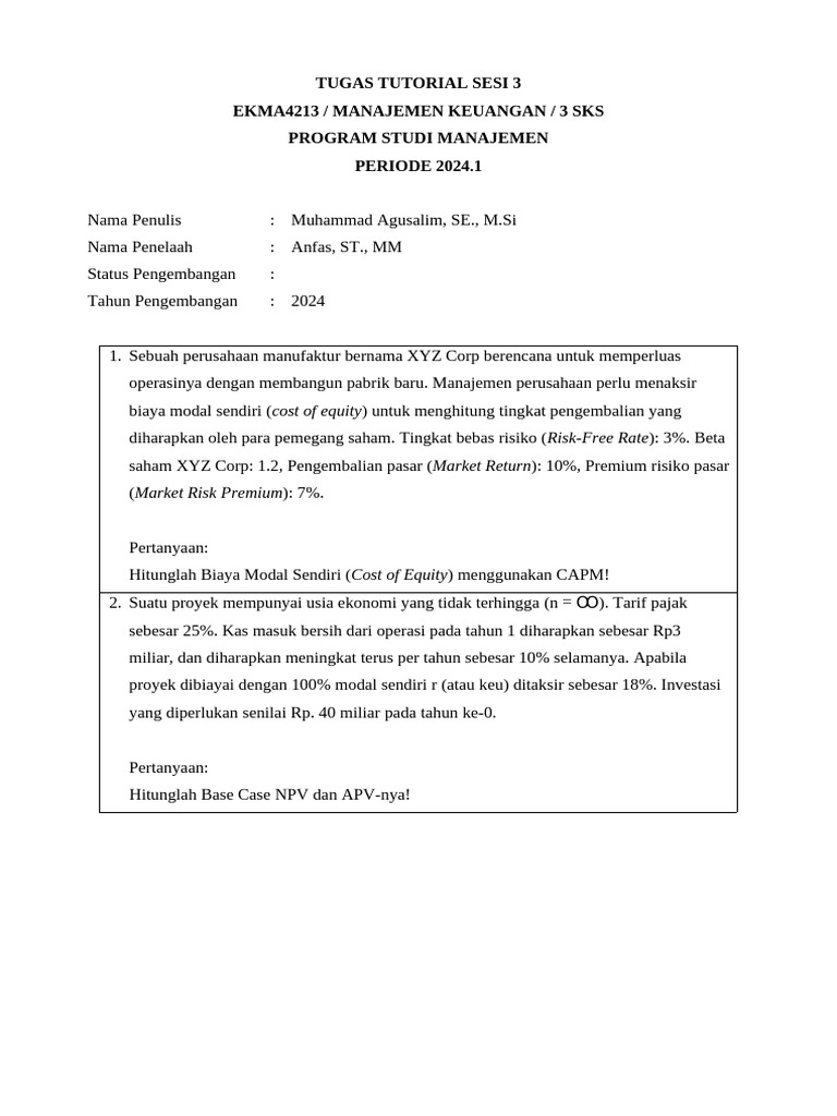 Tugas 3 - EKMA4213 Manajemen Keuangan - Alifia | PDF | Bisnis | Pengelolaan Keuangan & Uang