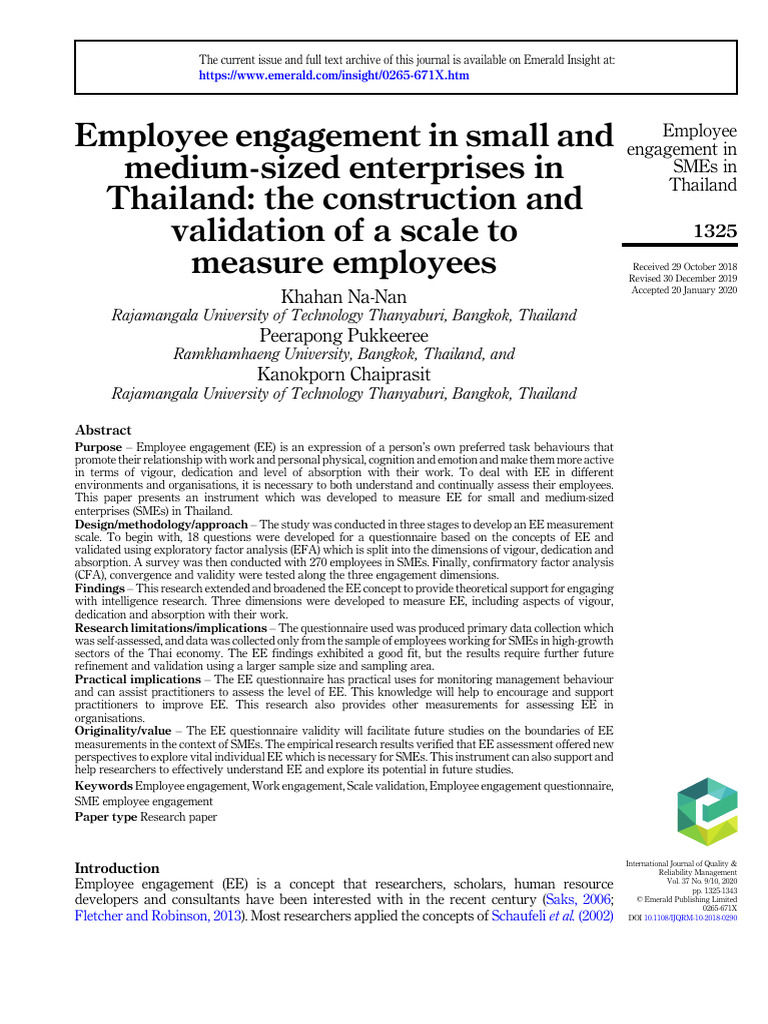 Na-Nan Et Al 2020 - Employee Engagement in SMEs | PDF | Cronbach's Alpha | Motivation