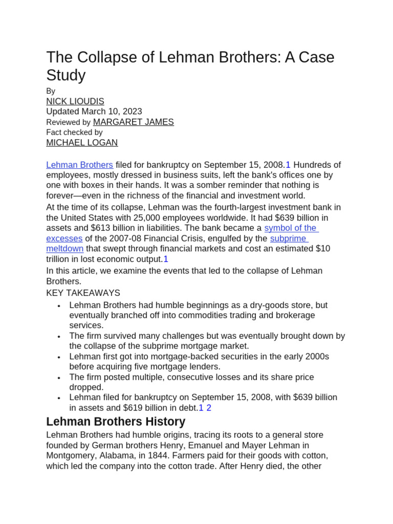 The Collapse of Lehman Brothers | PDF | Lehman Brothers | Bear Stearns