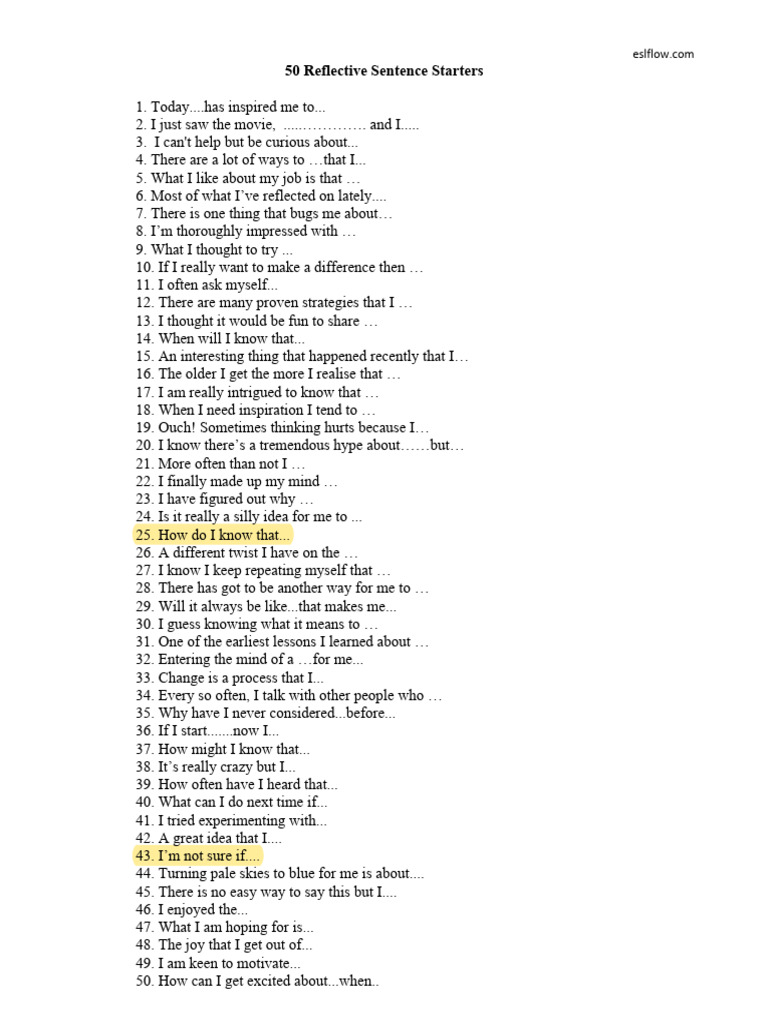 50 Reflective Sentence Starters for ESL | PDF | Career & Growth | Self ...