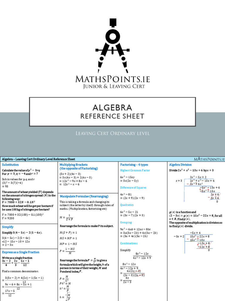 1 Algebra 1 Reference Guide Formula Sheet | PDF | Equations | Factorization