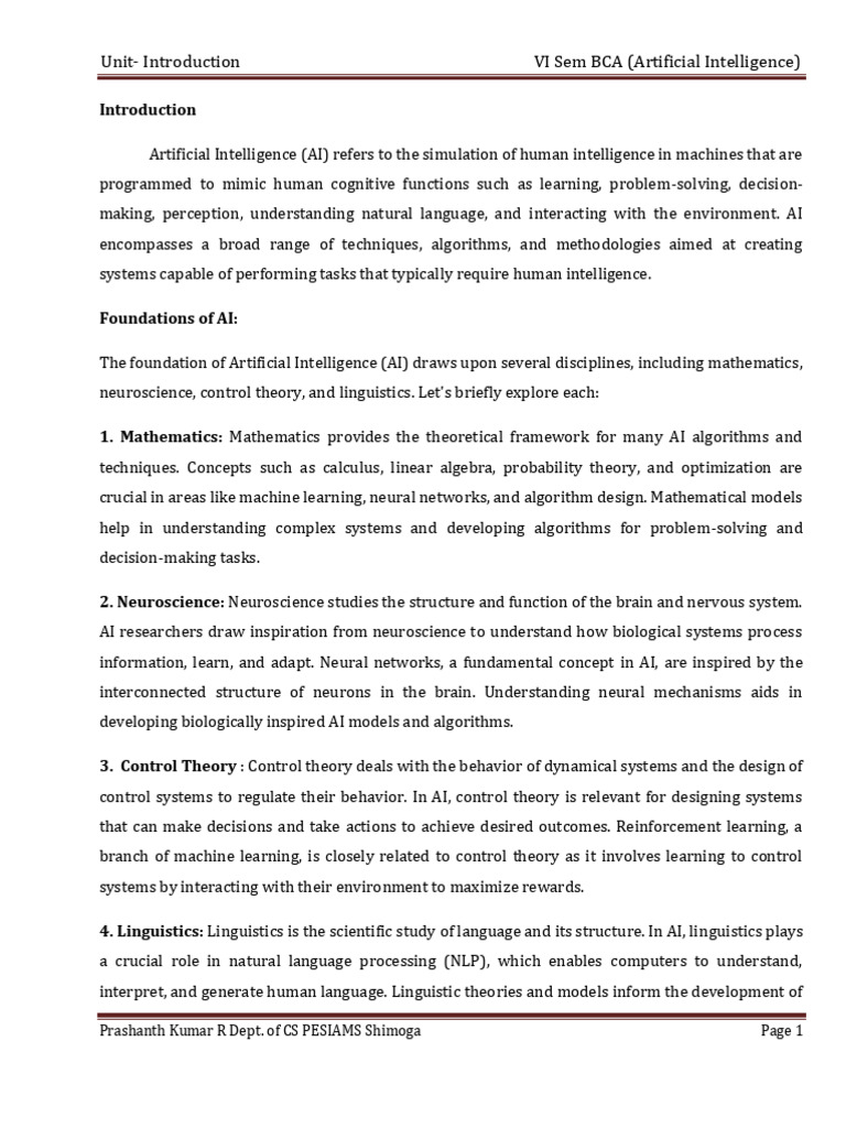 Unit-1 Introduction to AI ( VI Sem BCA ). | PDF | Artificial Intelligence | Intelligence (AI ...