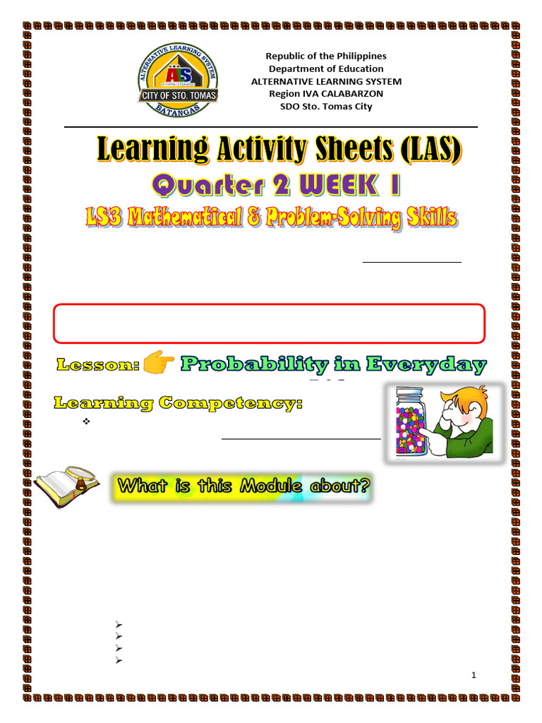 LS3 Math LAS (Law of Probability) | PDF | Probability | Lottery