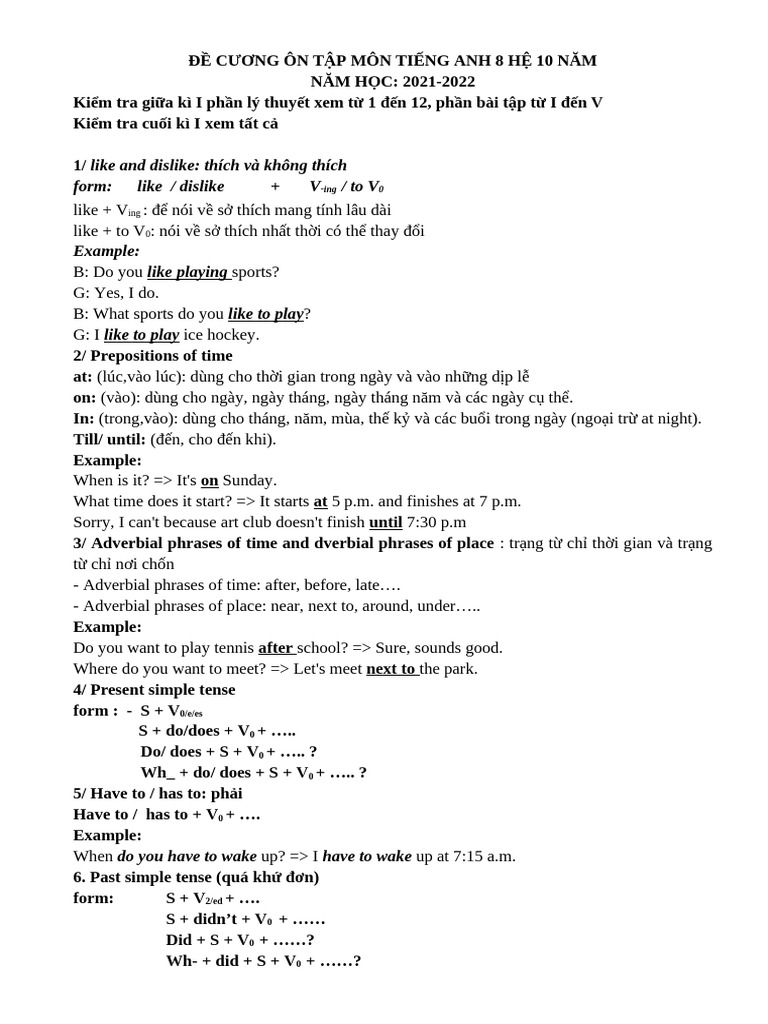 ĐỀ CƯƠNG ÔN TẬP MÔN TIẾNG ANH 8 HỆ 10 NĂM HKI | PDF
