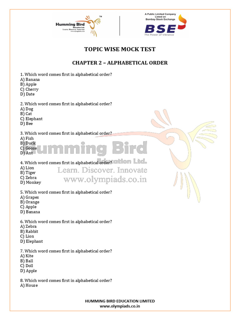 Alphabetical Order Mock Test Questions | PDF