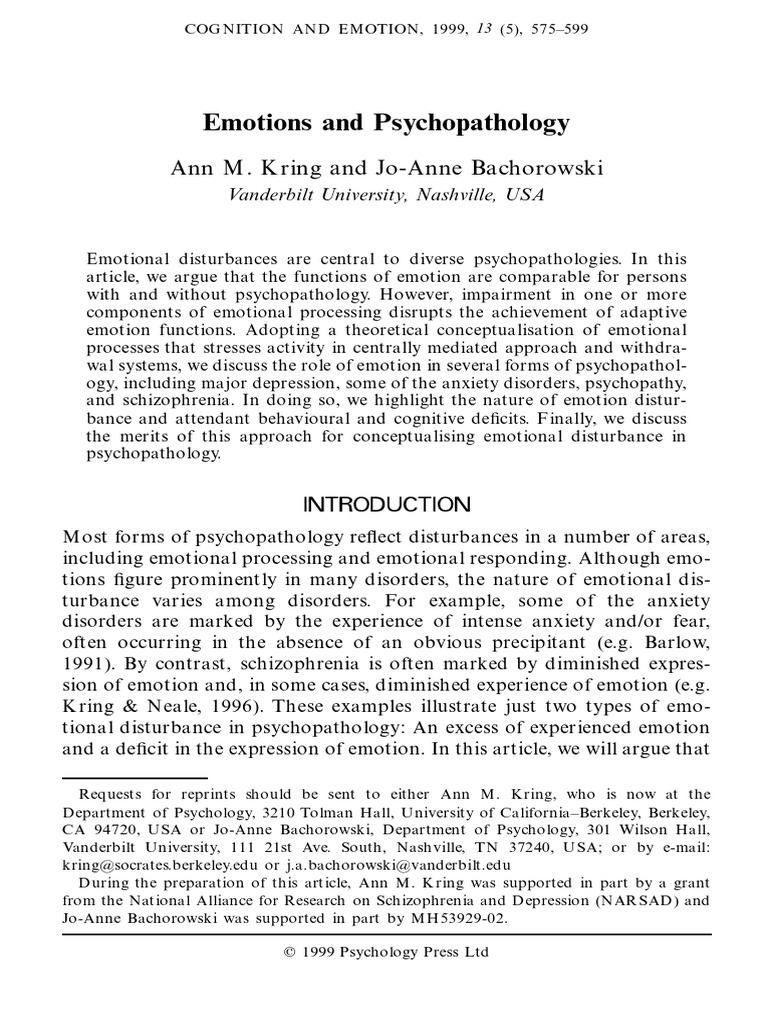 Emotions and Psychopathology | PDF | Anxiety | Affect (Psychology)