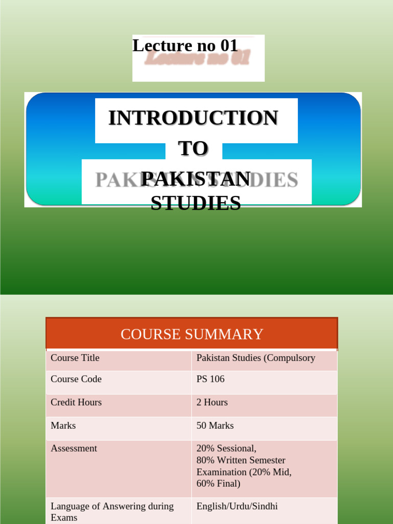 Lecture 01 INTRODUCTION TO PAKISTAN STUDIES | PDF | Pakistan | Muhammad Ali Jinnah