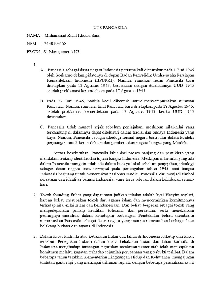 Uts Pancasila - M Rizal Khoiru Sani | PDF