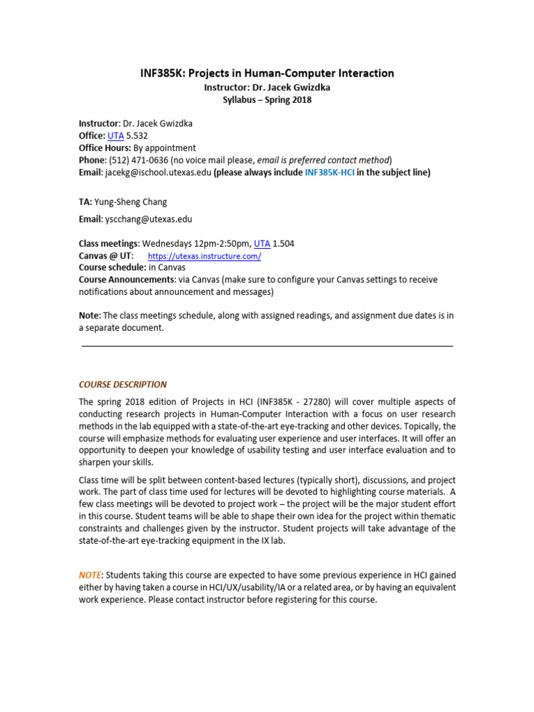 HCI Projects Syllabus Spring 2018 | PDF | Human–Computer Interaction | Plagiarism