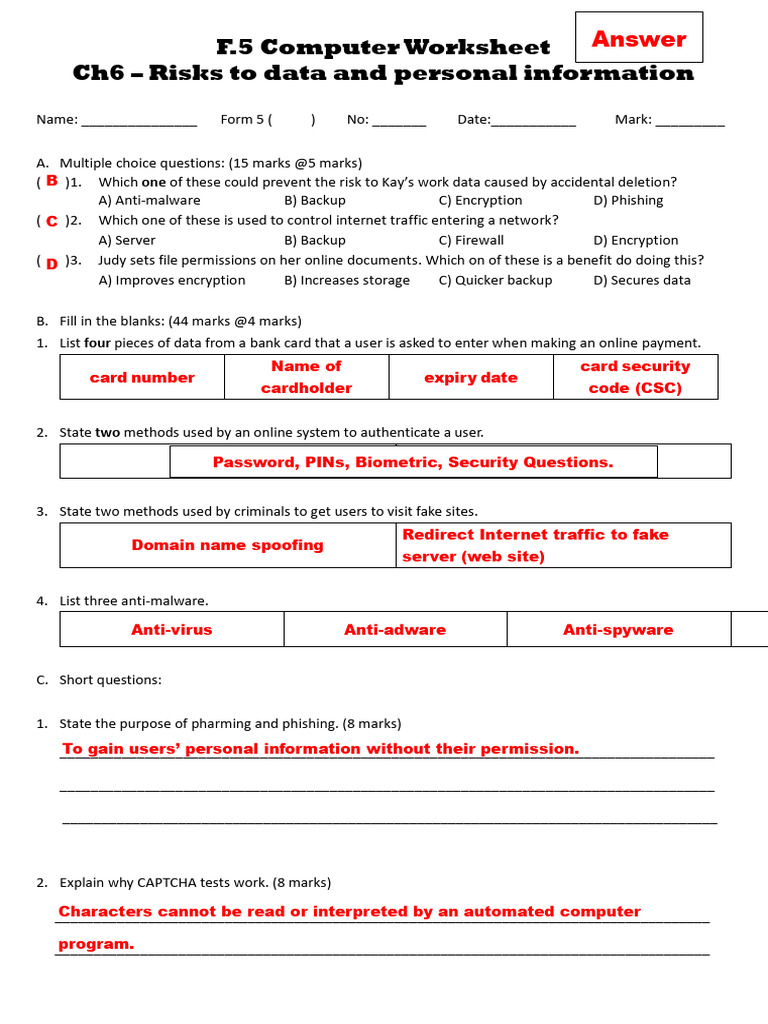 F5 Ch6 WS (Risks To Data and Personal Information) - Answer | PDF | Computer Virus | Security