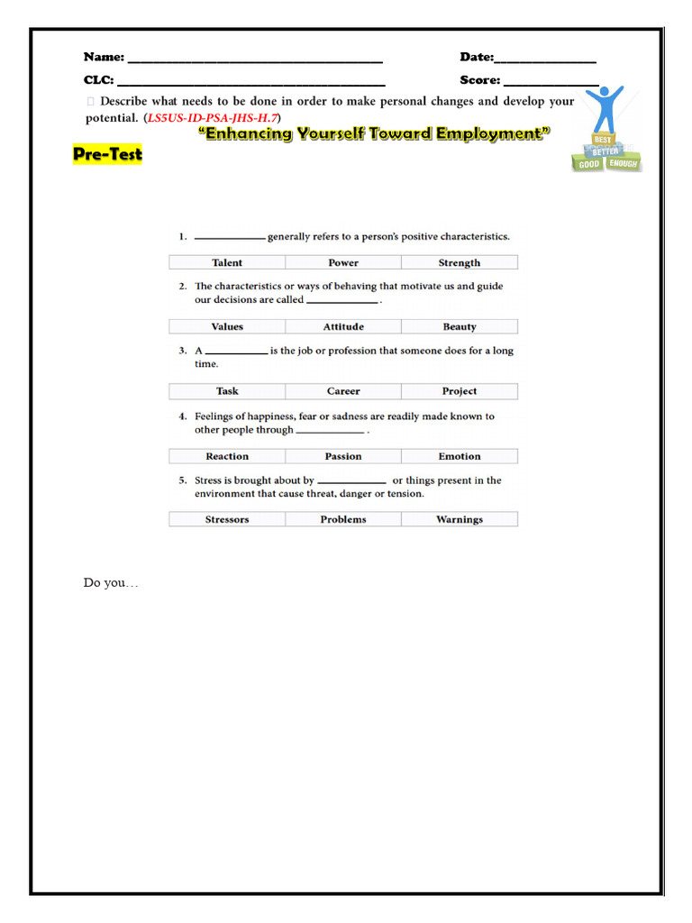 LS5 Worksheets-JHS (Enhancing Yourself Toward) | PDF | Business