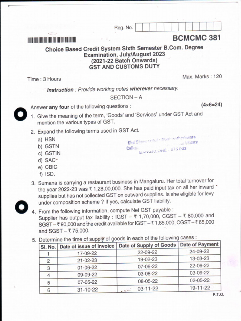 BCOM VI Semester GST and Custom Duty July 2023 | PDF