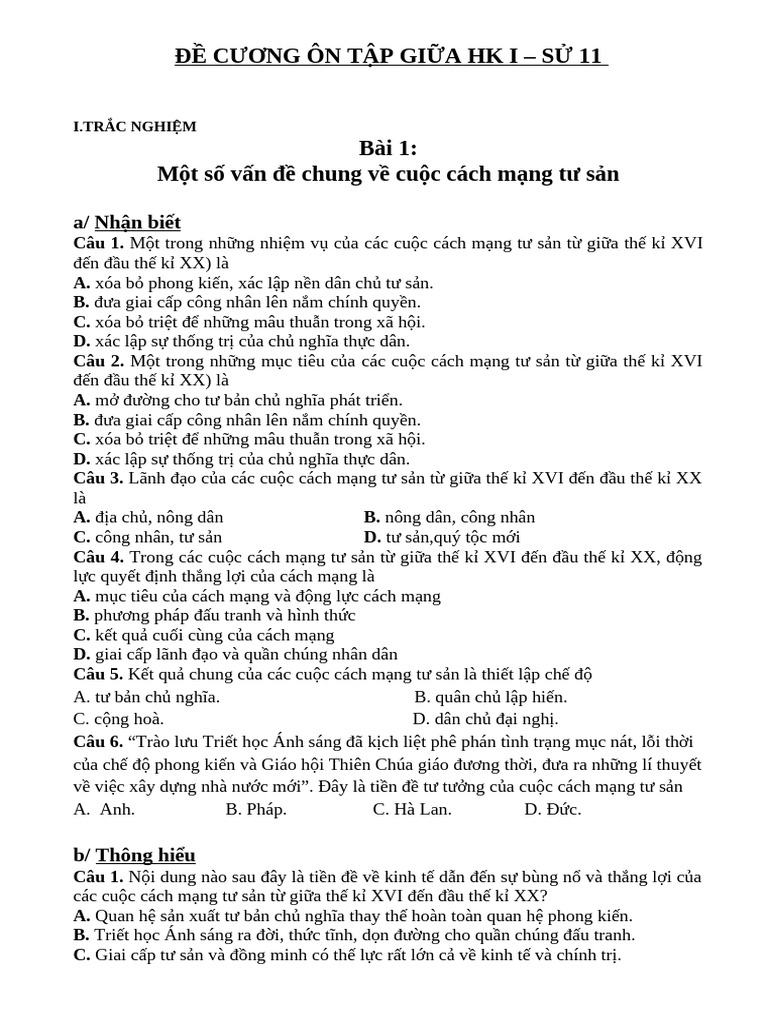 Đề Cương Ôn Tập Giữa HK1 K11 | PDF