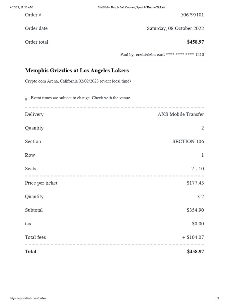 Stubhub Receipt Template | PDF