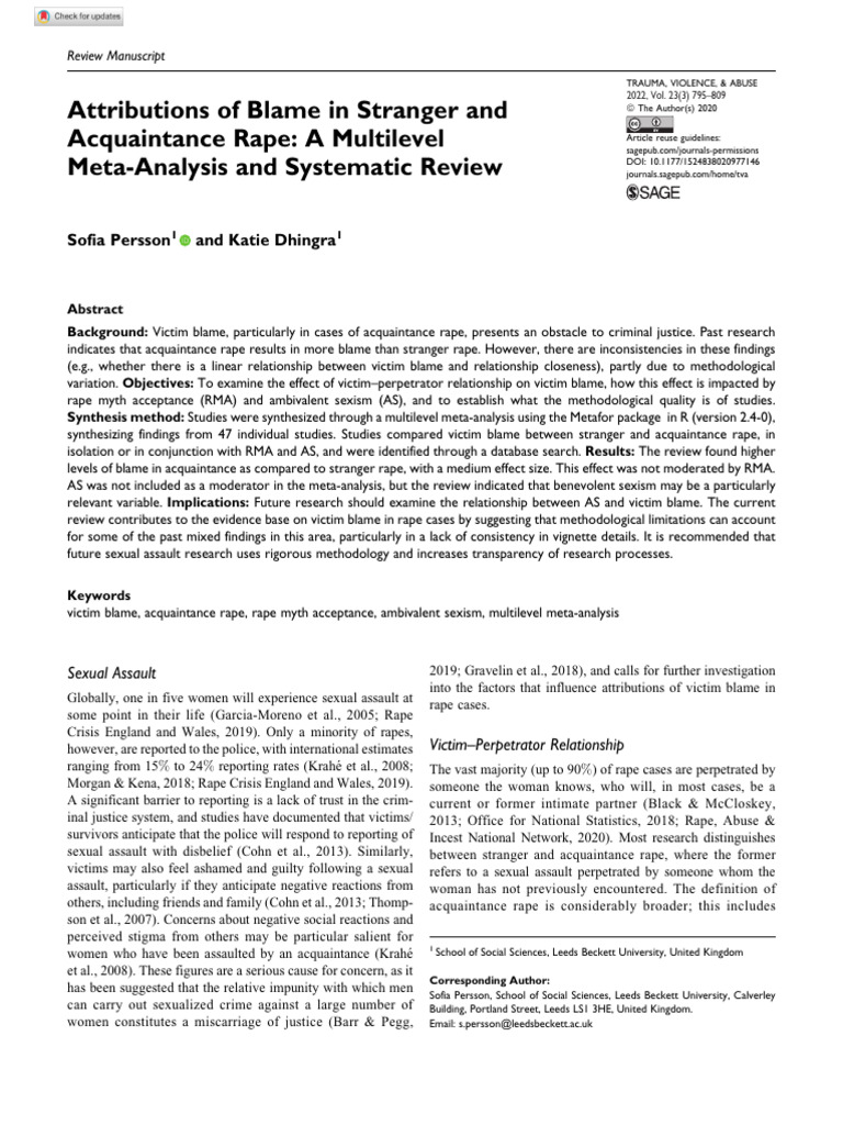 Attributions of Blame in Stranger and Acquaintance Rape A Multilevel Meta-Analysis and ...