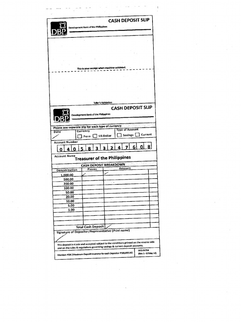 SAMPLE DEPOSIT SLIP DBP CASH | PDF